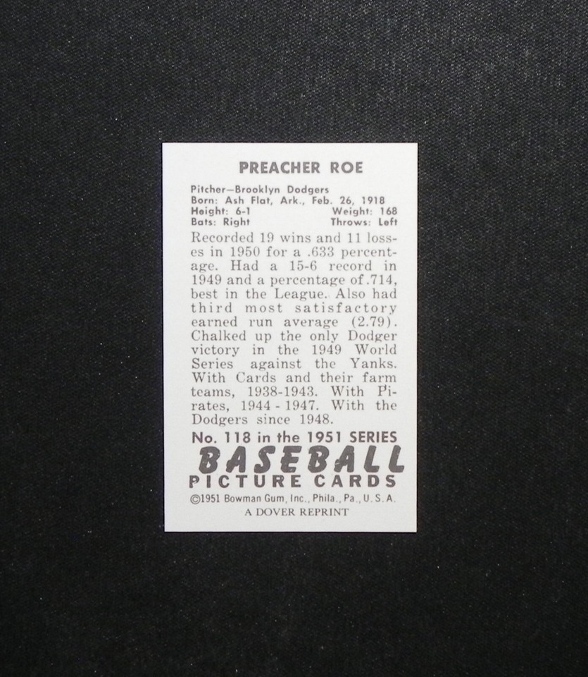 PREACHER ROE Dover Reprint of 1951 Bowman Card #118 _ EXACT CARD (B) | eBay