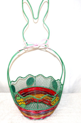 Holiday Decor Metal Easter Basket w/Rabbit Figure Handle 18" x 9.5" x 5 ...