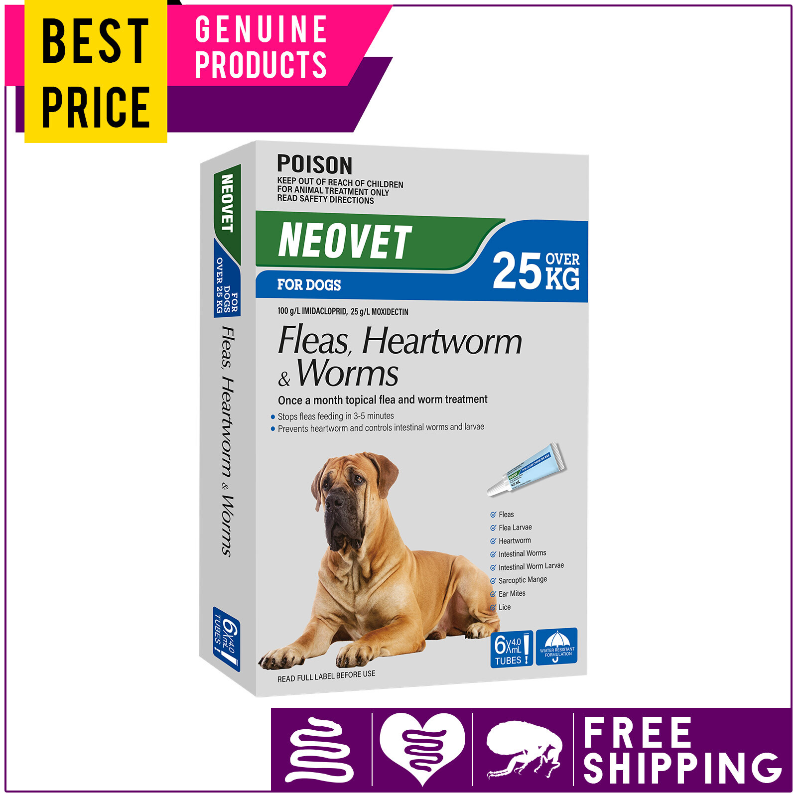 Neovet Flea Heartworm Worm Control for Dogs All Sizes 6 Doses Free ...