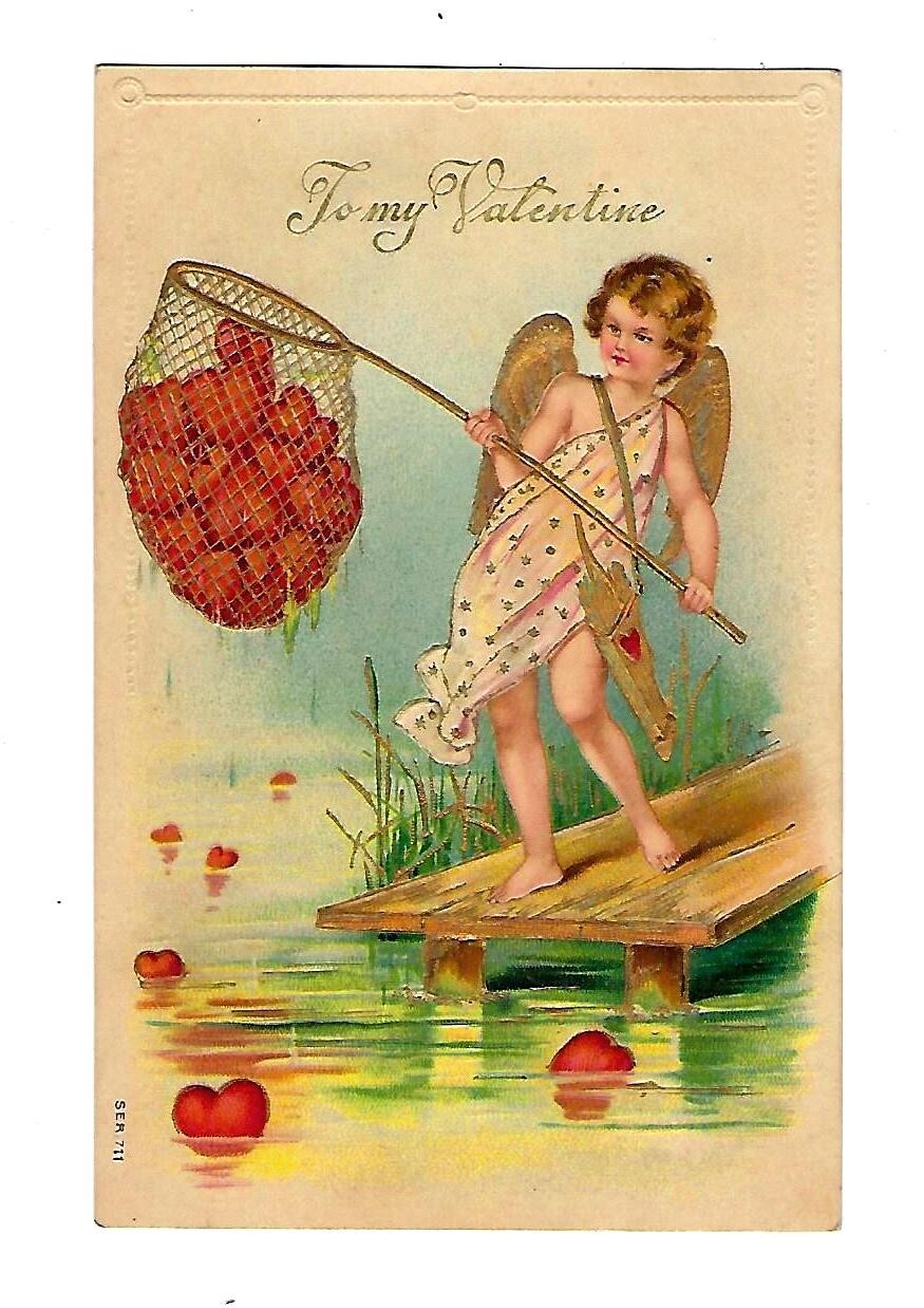 Early 1900's Fantasy Valentine Postcard Cupid Fishing Hearts On A Dock ...