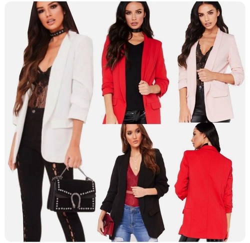 Ladies Ruched sleeve blazer Women's open front Coat Casual Formal ...
