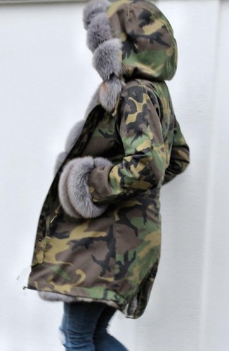 Roiii Thickened Gray Camouflage Faux Fur Parka Women Camo Jacket ...