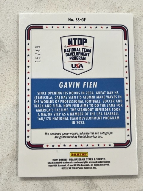 GAVIN FIEN 2024 USA Baseball Stars & Stripes GU Jersey AUTO Gold Ink ...