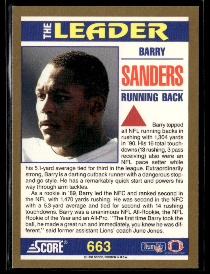 1991 Score #663 Barry Sanders Lions Football Card 3603A | eBay UK