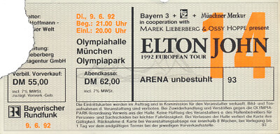Elton John - Olympiahalle, Munich, June 9, 1992 [Germany] - Ticket Stub ...