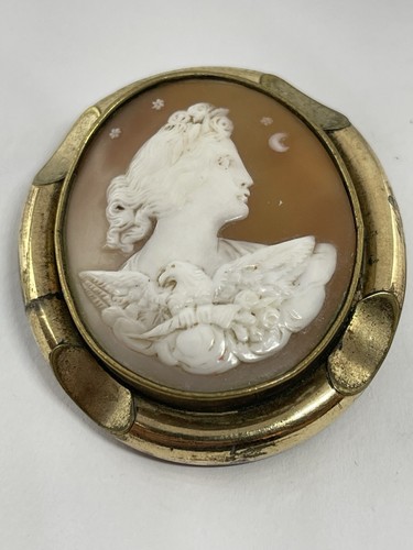 Victorian Carved Shell Greek Goddess NYX CAMEO Gold Filled Brooch ...