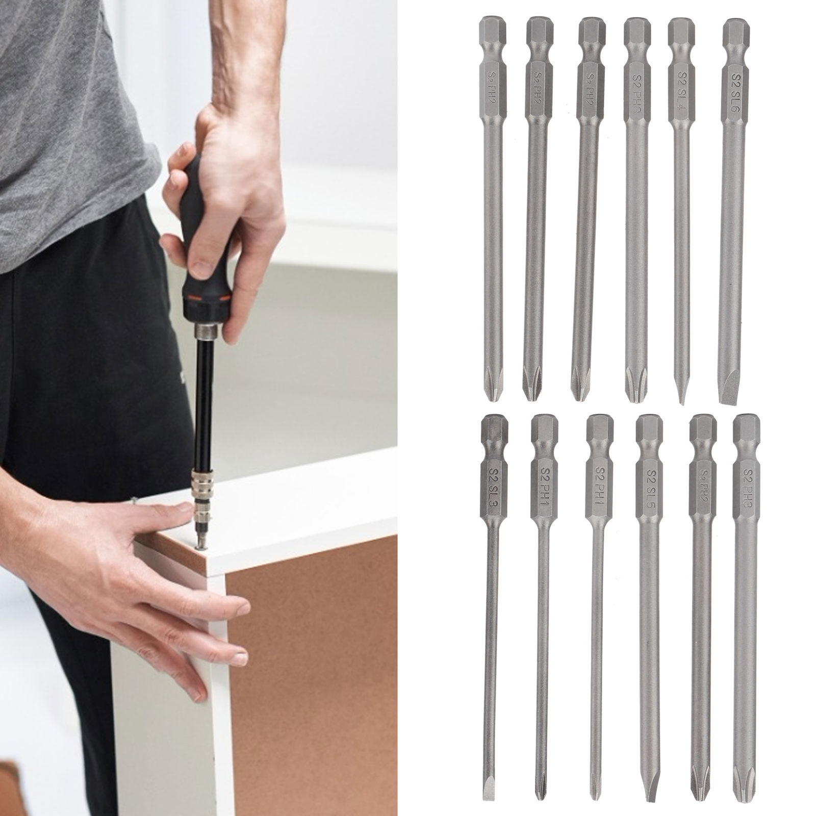 12Pcs Screwdriver Bit Set Slot 100mm Alloy Steel S2 High Accuracy Hard ...