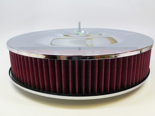 14"X3" Round Chrome washable Red Air Cleaner Assembly Flat Base SBC 350 ...
