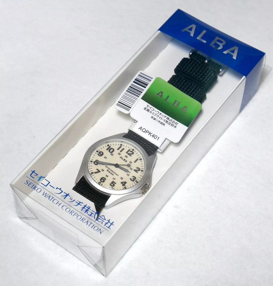 SEIKO ALBA Military Field Watch AQPK401 White Full Luminous Black Strap ...
