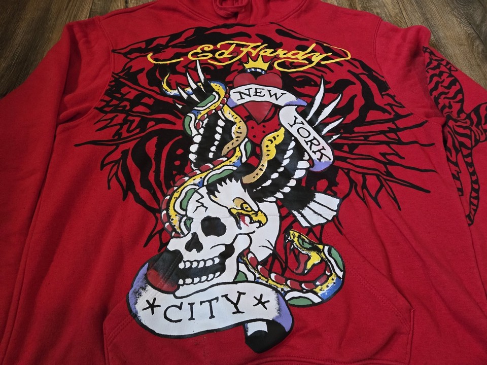 Ed Hardy Red New York City Pullover Hoodie Size Large Skull, Eagle | eBay