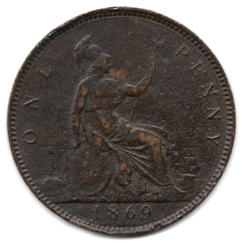 1869 QUEEN VICTORIA PENNY BRONZE COIN RARE LOW MINTAGE GOOD GRADE S3954 ...