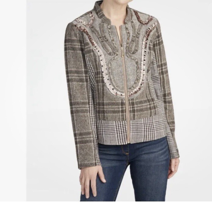Coco And Carmen Brown Plaid Embellished Full Zip Jacket Women’s S/M NWT ...