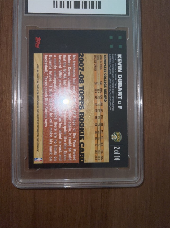 KEVIN DURANT 2007 TOPPS #112 RC ROOKIE WHITE BORDER GMA 10 SEATTLE ...