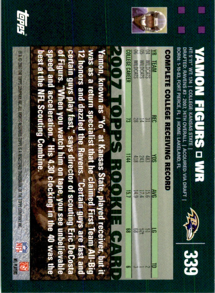 2007 TOPPS YAMON FIGURS ROOKIE BALTIMORE RAVENS #339 | eBay
