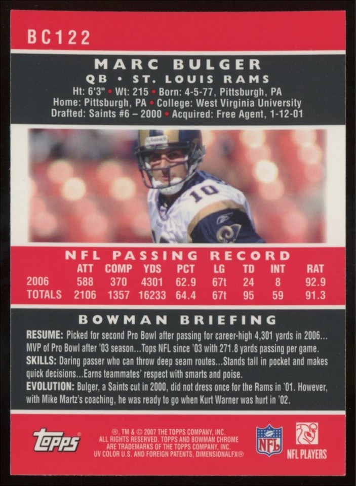 2007 BOWMAN CHROME #BC122 MARC BULGER | eBay