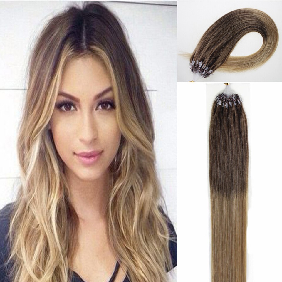 Pre-Looped Fish Line Micro Ring Beads Link Hair Extensions Real Remy ...
