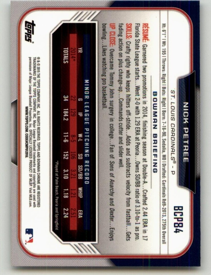 2015 Bowman Nick Petree Chrome Prospects #BCP84 St. Louis Cardinals | eBay