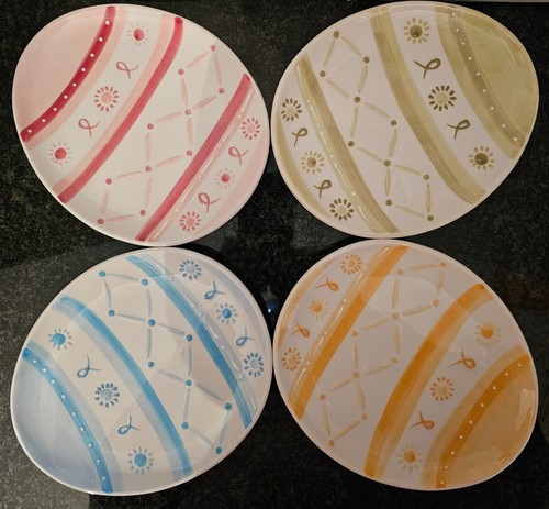 Pottery Barn 4 Easter Plates Egg Shaped 4 Colors 8" Ceramic Salad ...