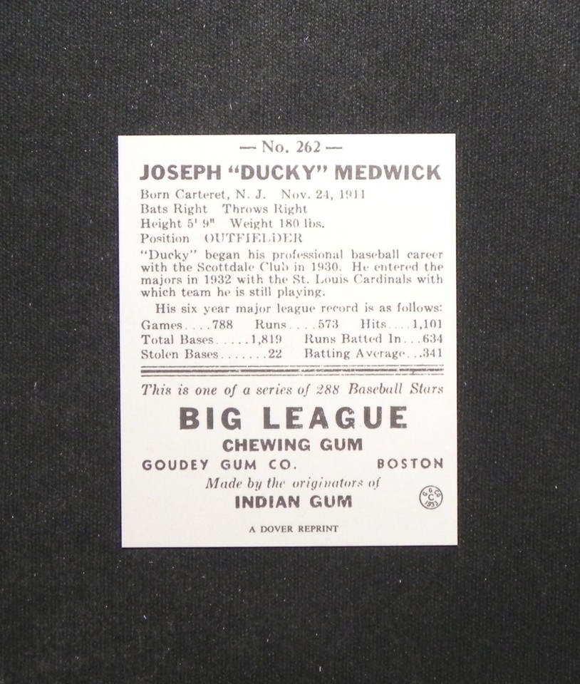 JOE "Ducky" MEDWICK 1938 GOUDEY GUM COMPANY Dover Reprint Card #262 ...