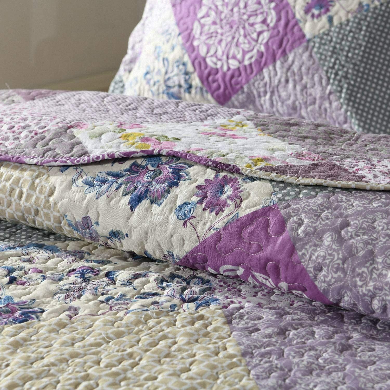 Purple Beige Floral Patchwork 3pc Quilt Coverlet Set Full Queen King ...