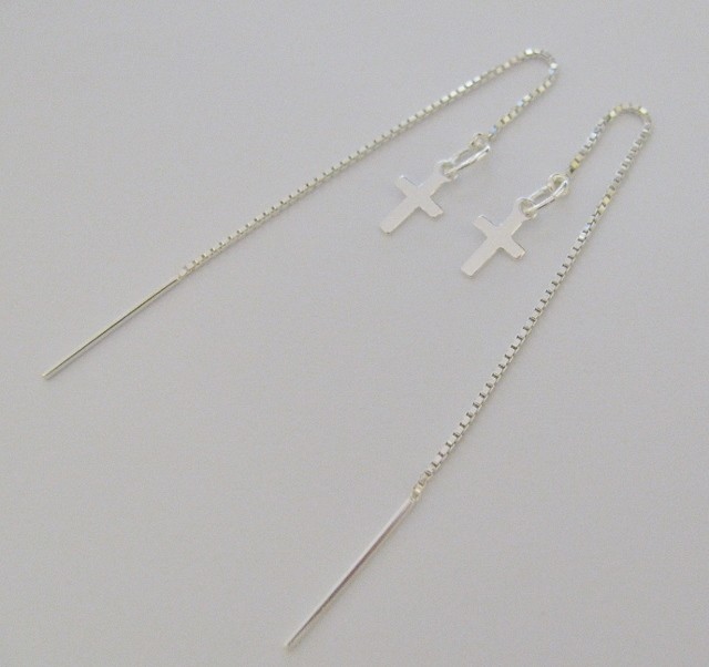 Solid Sterling Silver Small Delicate Cross Ear Thread Threader Earrings ...