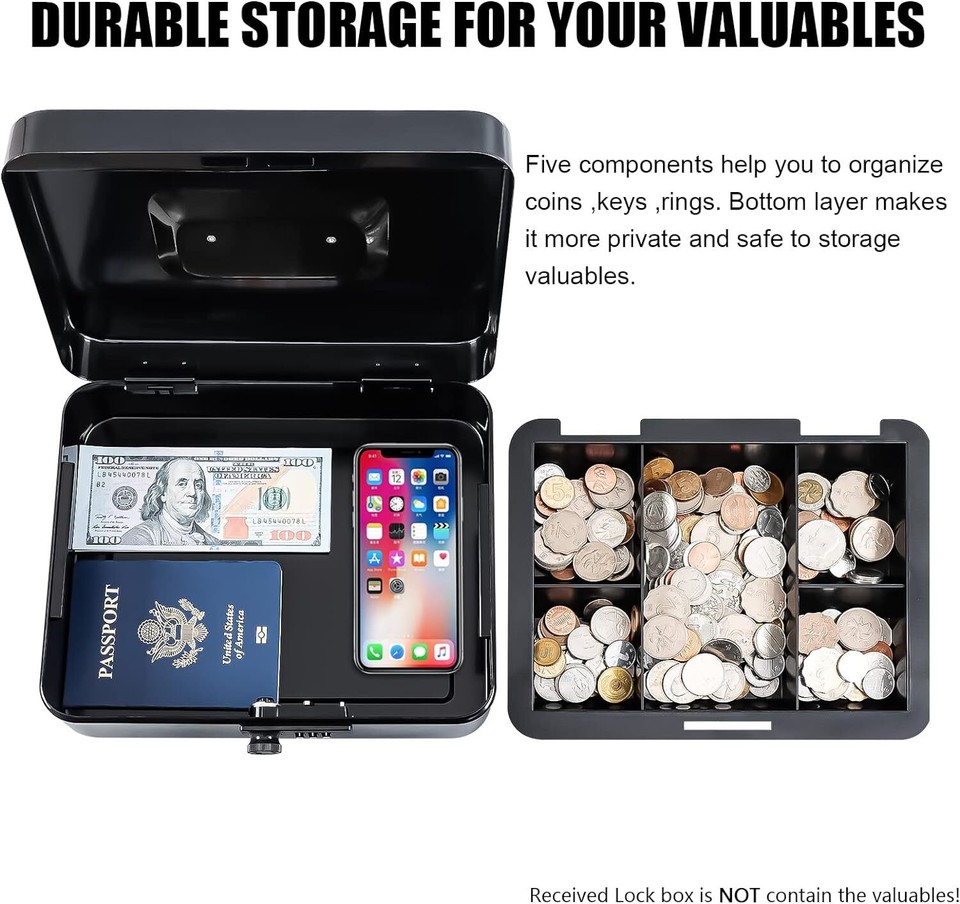 Large Cash Box with Combination Lock Safe Metal Money Box with Money ...