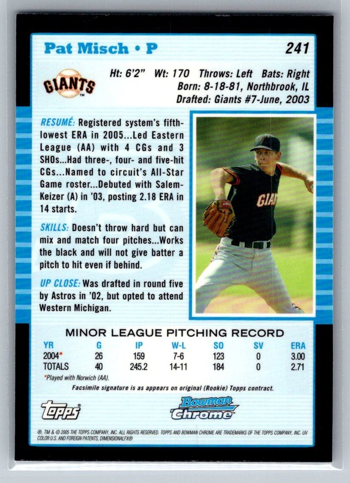 2005 Bowman Chrome Rookie RC 1st Year #241 Patrick Misch San Francisco ...