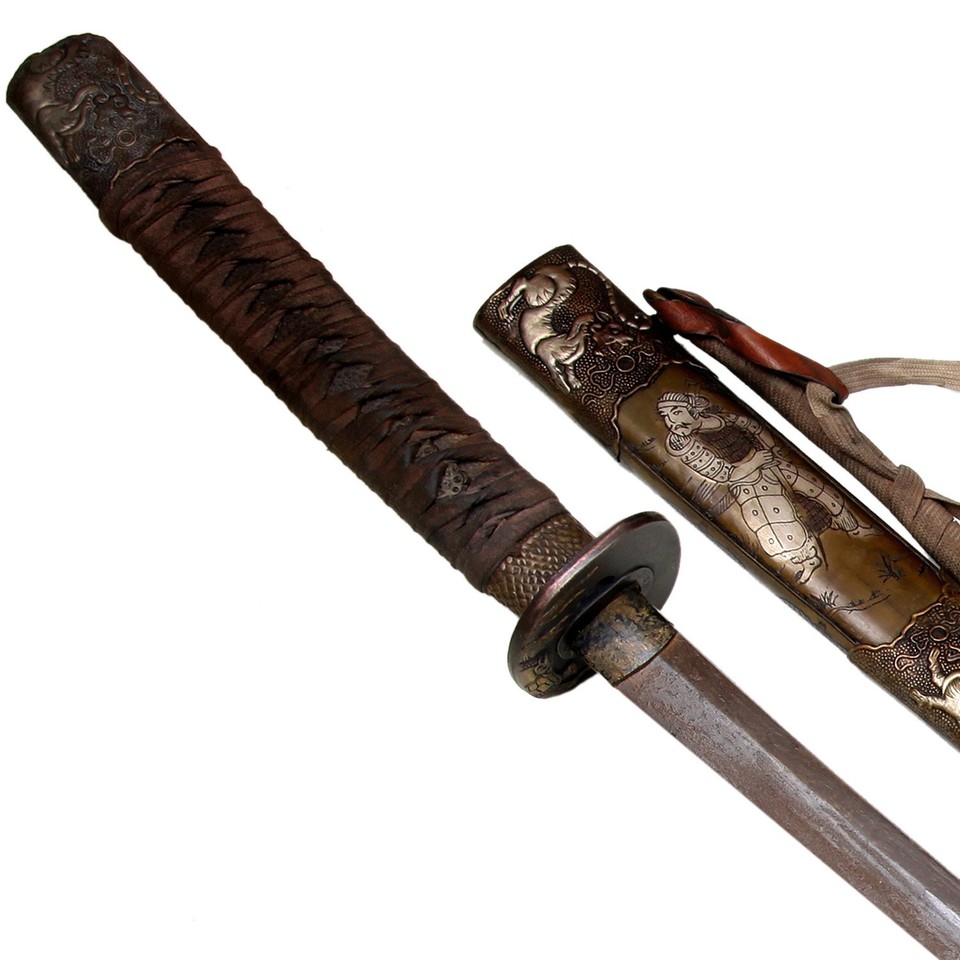 WWII Japanese Military Sword Katana Sharp Blade Bronze Sheath Carved ...