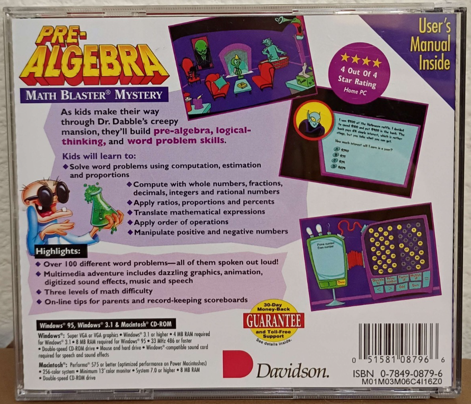 Davidson Math Blaster Mystery Pre-Algebra CD-ROM 1996 Complete Ages 10 ...