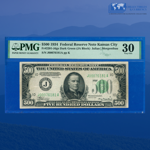 Fr.2201-J 1934 $500 Federal Reserve Note Kansas DGS, PMG VF 30 Comment ...