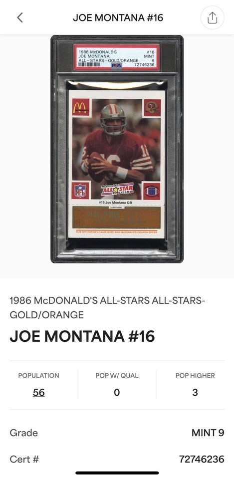 Joe Montana 1986 McDonald's 49ers Gold Orange Tab Jumbo Card PSA 9 MINT ...