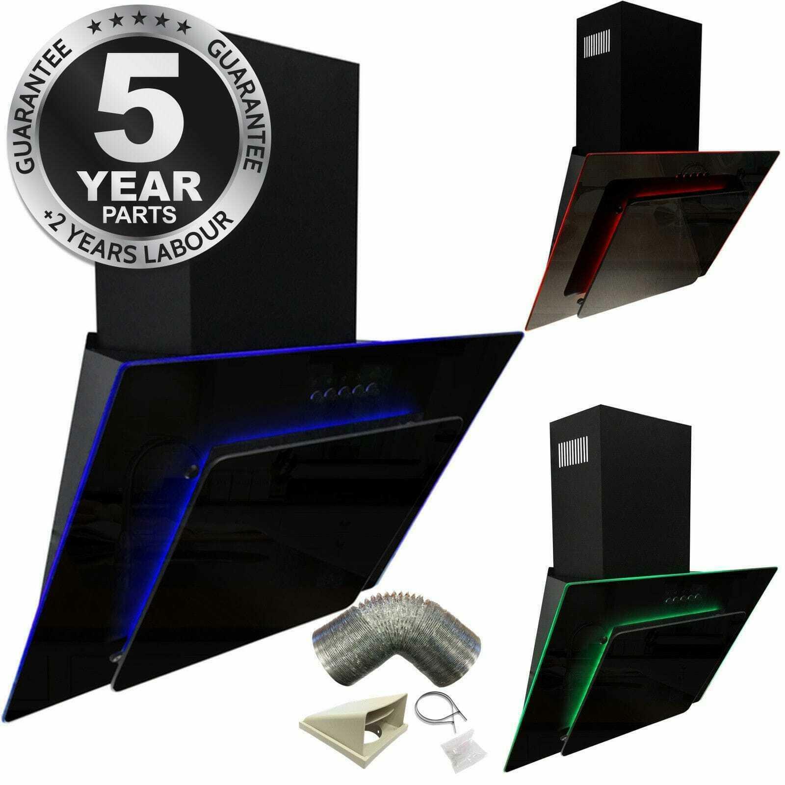 SIA 90cm Black 3 Colour LED Edge Lit Angled Glass Cooker Hood And 1m ...