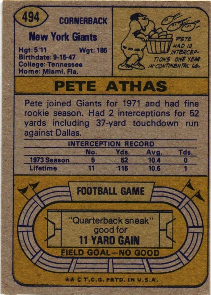 PETE ATHAS 1974 Topps Football #494 FREE SHIPPING B15R4S30P20 | eBay