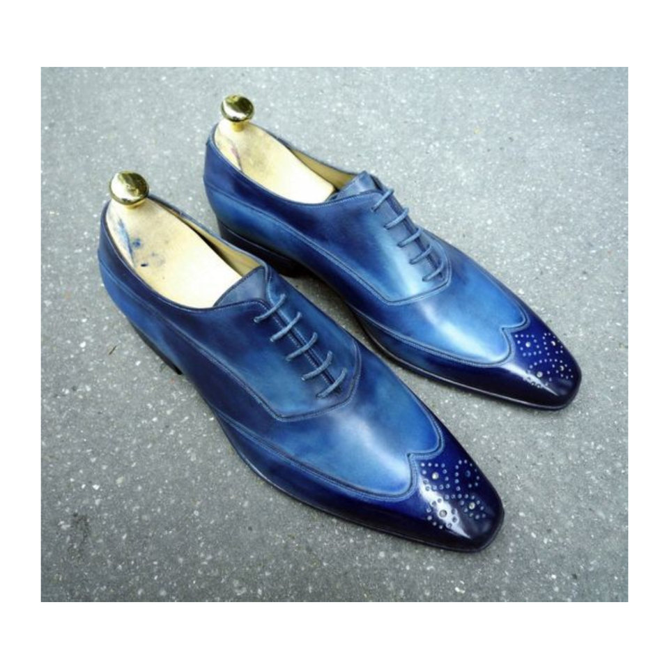 Handmade Two Tone Blue Wing Tip Real Leather Lace Up Formal and Dress ...