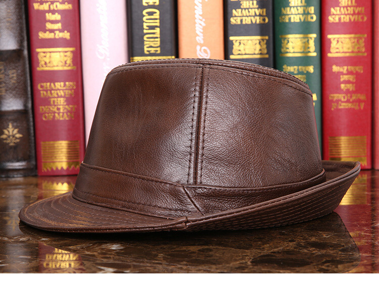 100% Genuine Leather Men's Hat Cowhide Jazz Cap Gangster Casual Hats ...