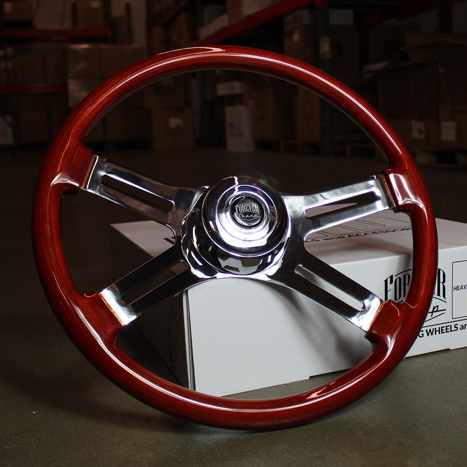 18" Dark Wood Chrome Steering Wheel 4 Spoke Big Rig Semi Truck NO Hub ...