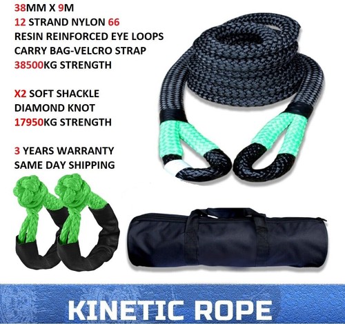 Kinetic Rope 38mm x 9m 38.5T Recovery Dyneema Tow Winch Rope+ 2x Soft ...