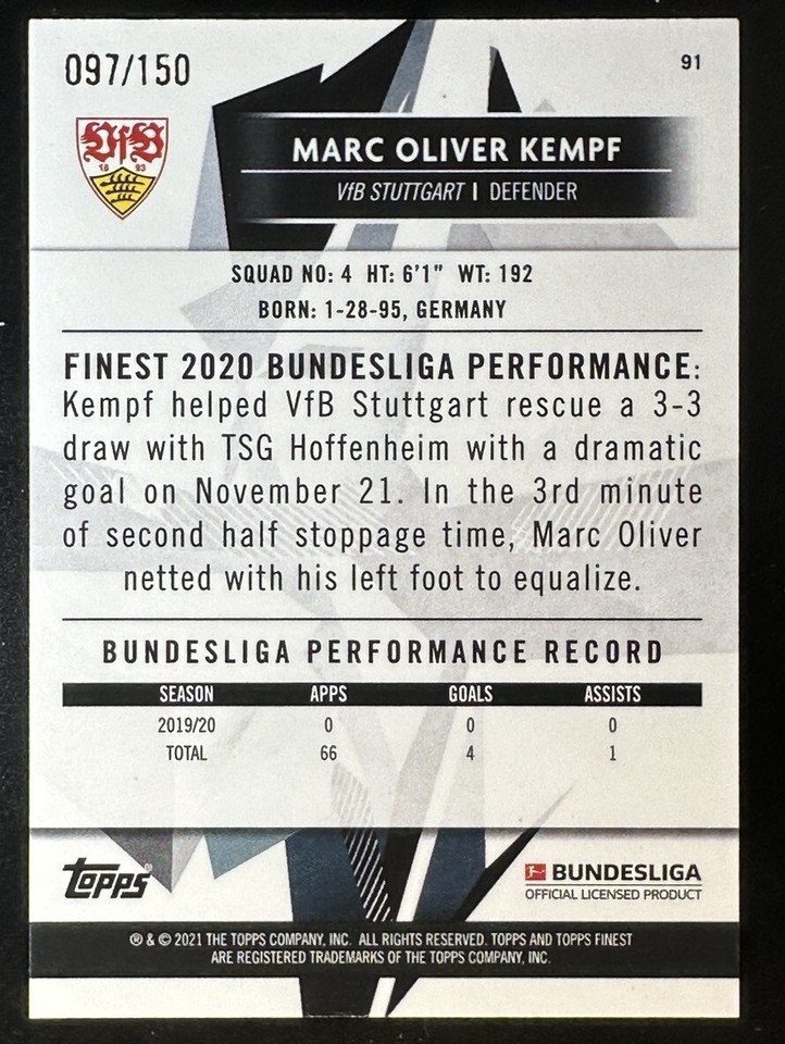 2020-21 Topps Finest Bundesliga Blue Refractor /150 Marc Oliver Kempf ...