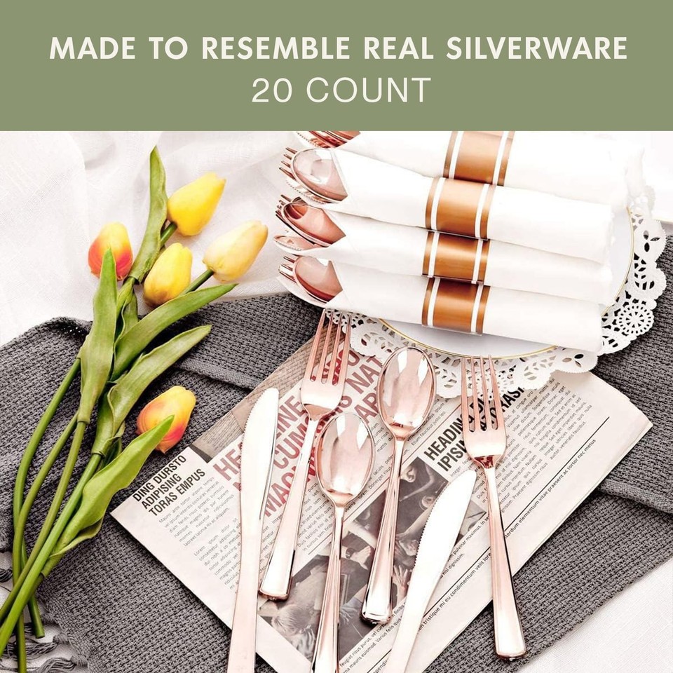 Rose Gold Plastic Silverware Pre-Rolled Sets Fork, Spoon, and Knife ...