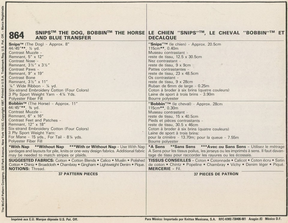 McCalls Craft 3212/864 Bobbin Horse Snips Dog Sewing Pattern UNCUT | eBay