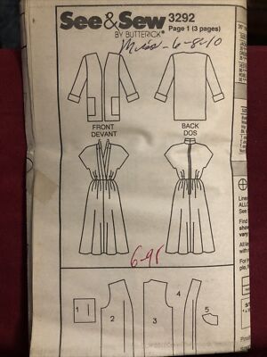 Butterick See & Sew 3292 Jacket & Dress Misses Size 6-10 Pattern NO ...
