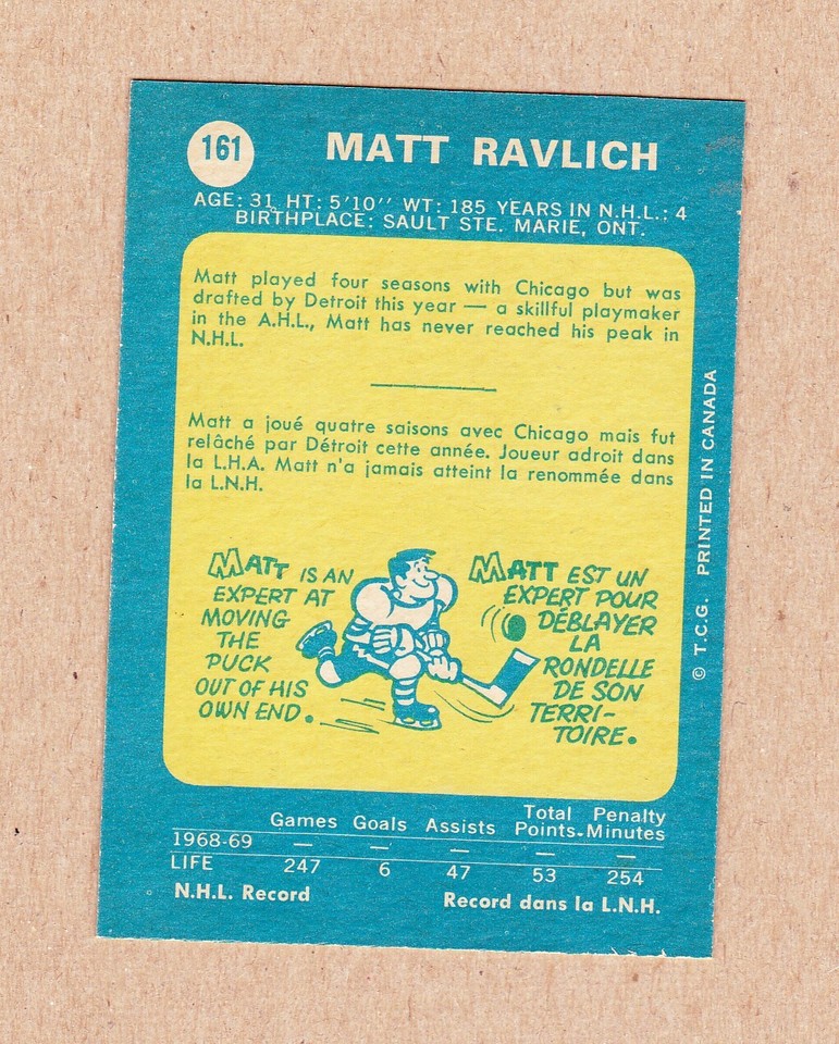 Matt Ravlich signed 1969-70 OPC card #161-Detroit Red Wings | eBay