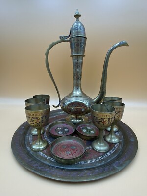 Vintage Colorful Brass Middle Eastern Ornate Tea Set, Service for 6 | eBay