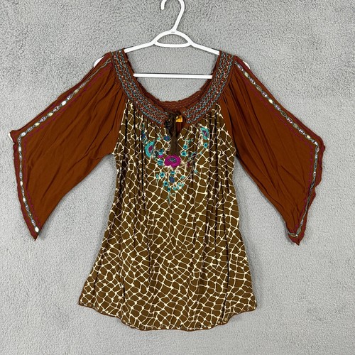 Urban Mango tunic blouse womens large brown boho embroidered floral ...