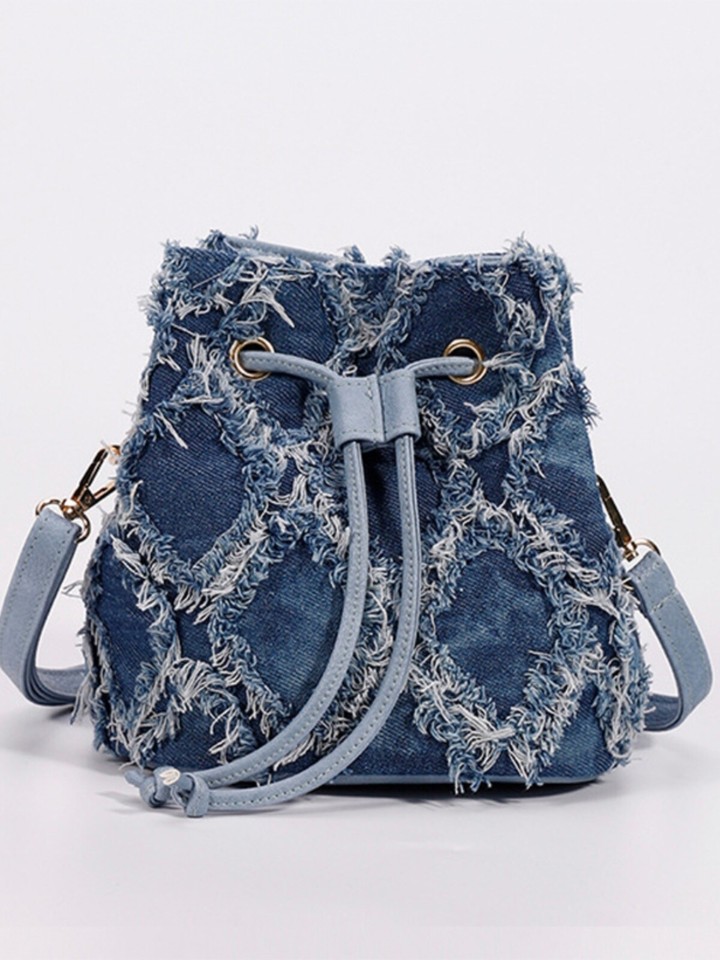 Women's denim bucket bag elegant crossbody bag drawstring tassel ...