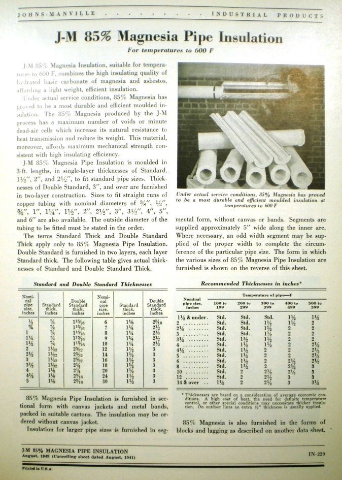 JOHNS-MANVILLE 85% Magnesia Pipe Insulation ASBESTOS 1949 | eBay