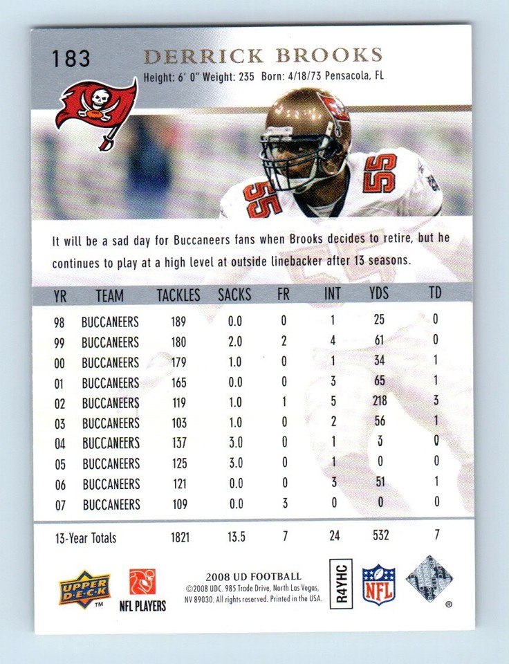 2008 Upper Deck Derrick Brooks Tampa Bay Buccaneers #183 | eBay