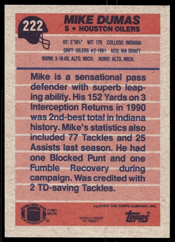 1991 Topps Mike Dumas Rookie G71 #222 | eBay