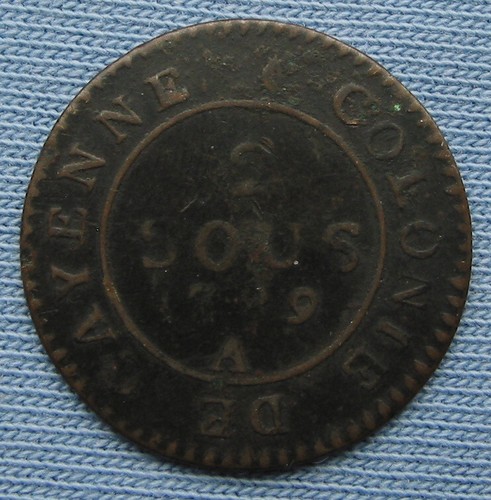 1789 A French Guiana 2 Sous Coin (France billon Colonie de Cayenne ...