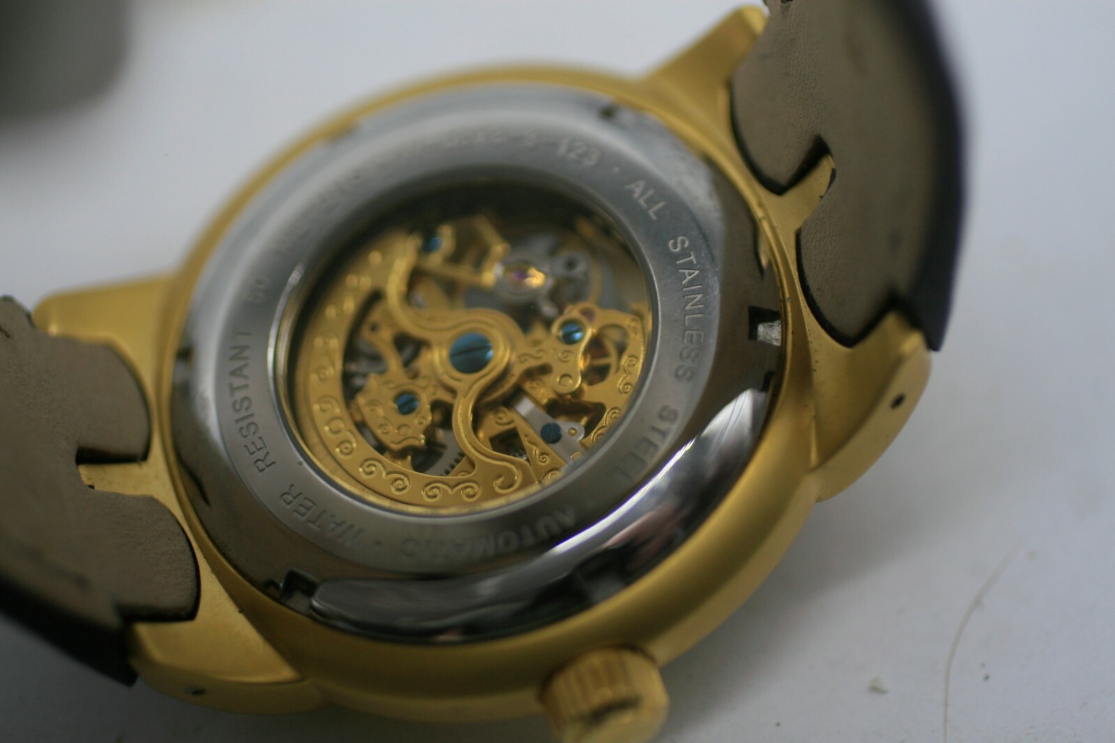 Men's Wohler Automatic Gold Skeleton Dial Blue Genuine Leather Watch W ...